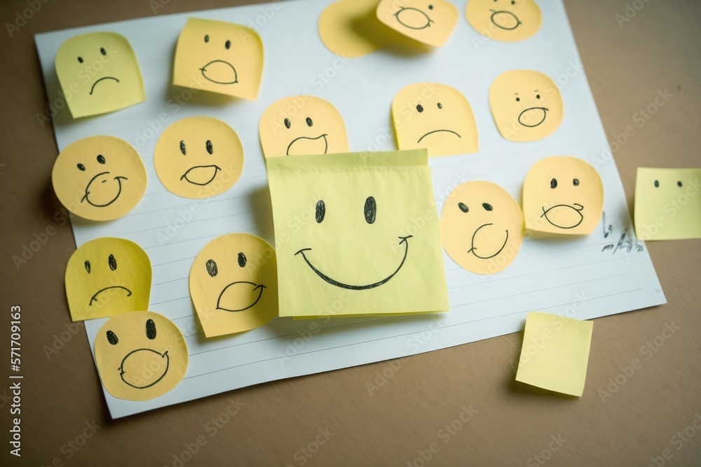Hand-Drawn Smiley Face Sticky Note Art: Happy vs. Sad Emotions Concept ...