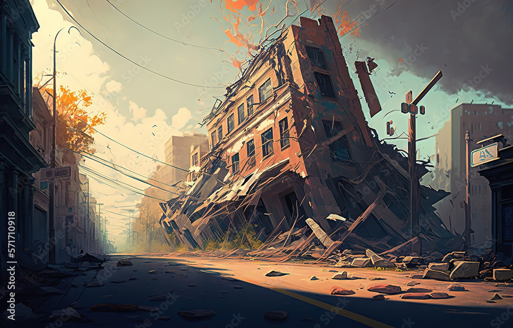 aftermath of an earthquake that has ended. The city is completely ...