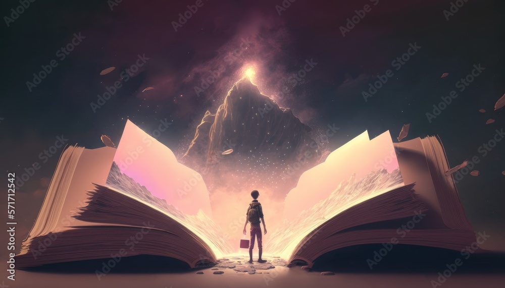 The illustration depicts a boy standing on an opened giant book ...
