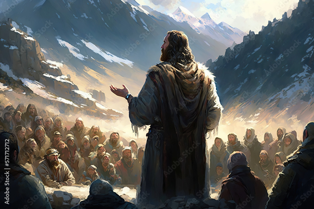 Jesus Teaching on top of the rock in the mountains, Sermon of the ...