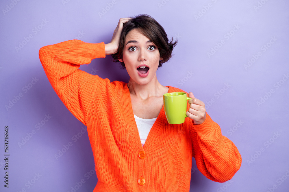 Photo of astonished lady wear orange stylish clothes open mouth forgot ...