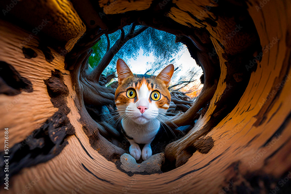 Gato adorable curioso mirando a cámara a través del agujero del tronco ...