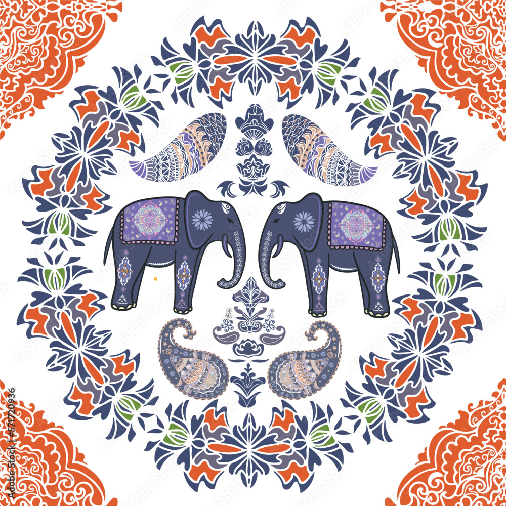 Вeautiful image of an Indian pattern with elephants in the center ...