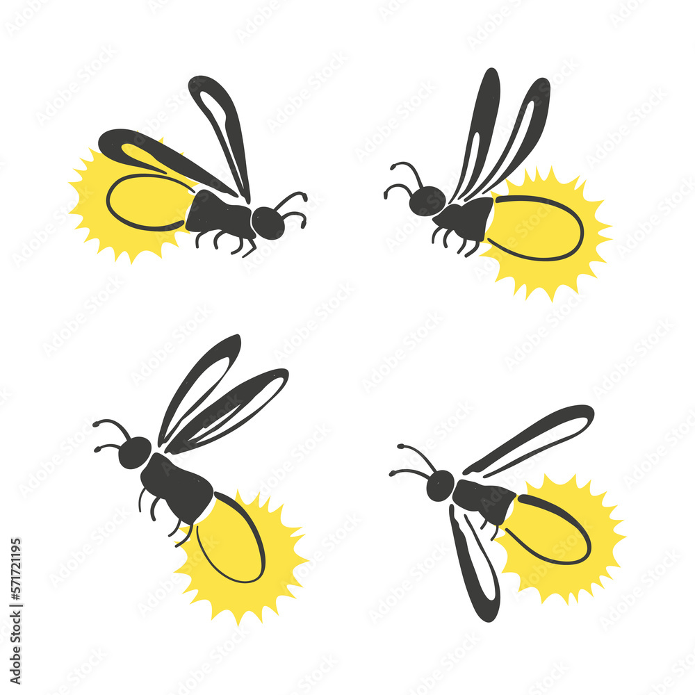 Firefly set. Vector illustration of cartoon glowworms. Funny bugs ...