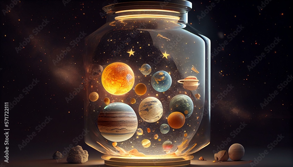 Solar system surrounded by stars stored in a glass jar, volumetric ...