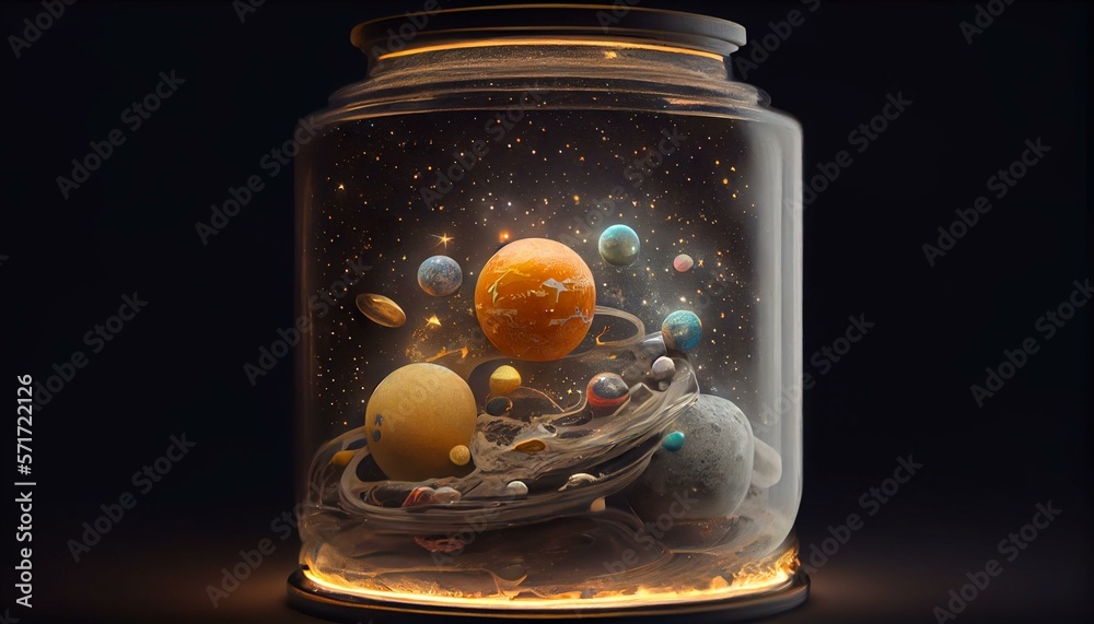 Solar system surrounded by stars stored in a glass jar, volumetric ...