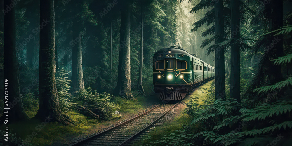 Vintage locomotive train passing through a dense forest and green trees ...