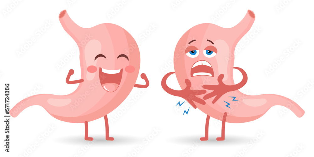 Healthy and unhealthy human stomach characters in cartoon flat style ...