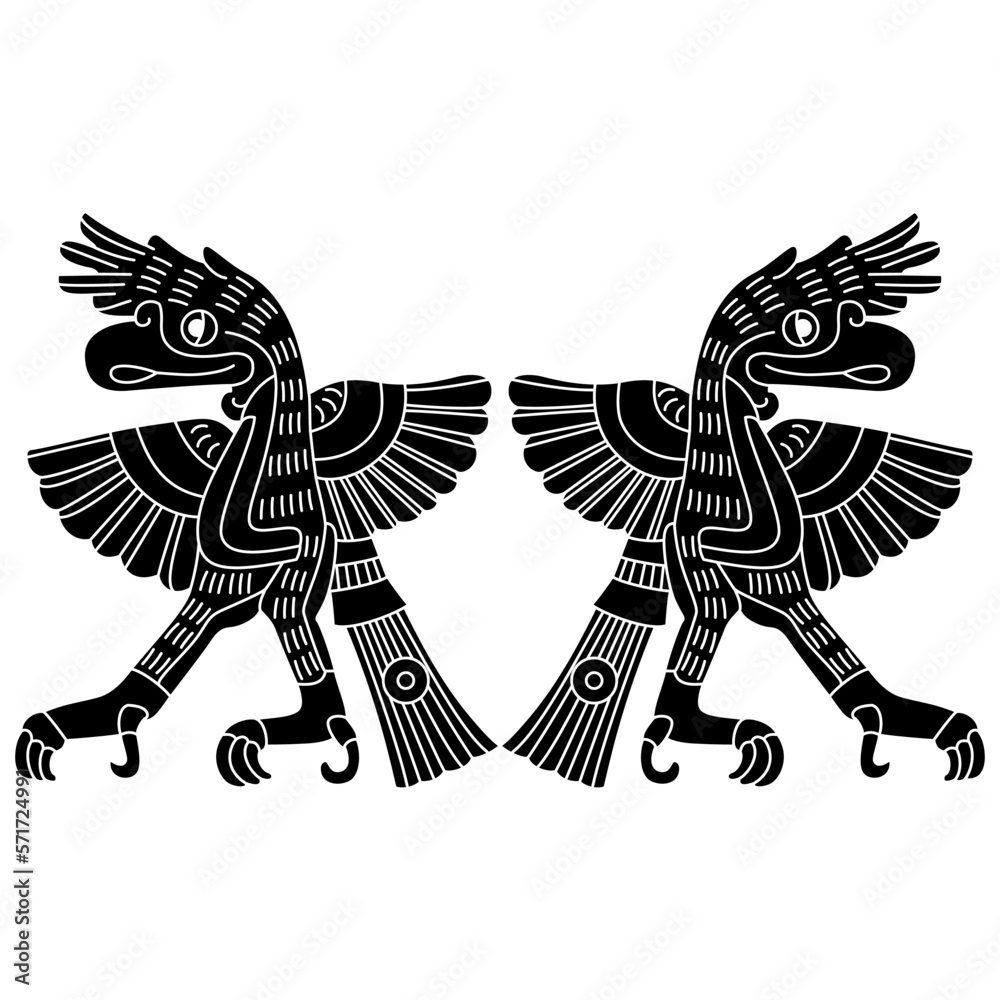 Symmetrical design with two standing or dancing eagle birds with open ...