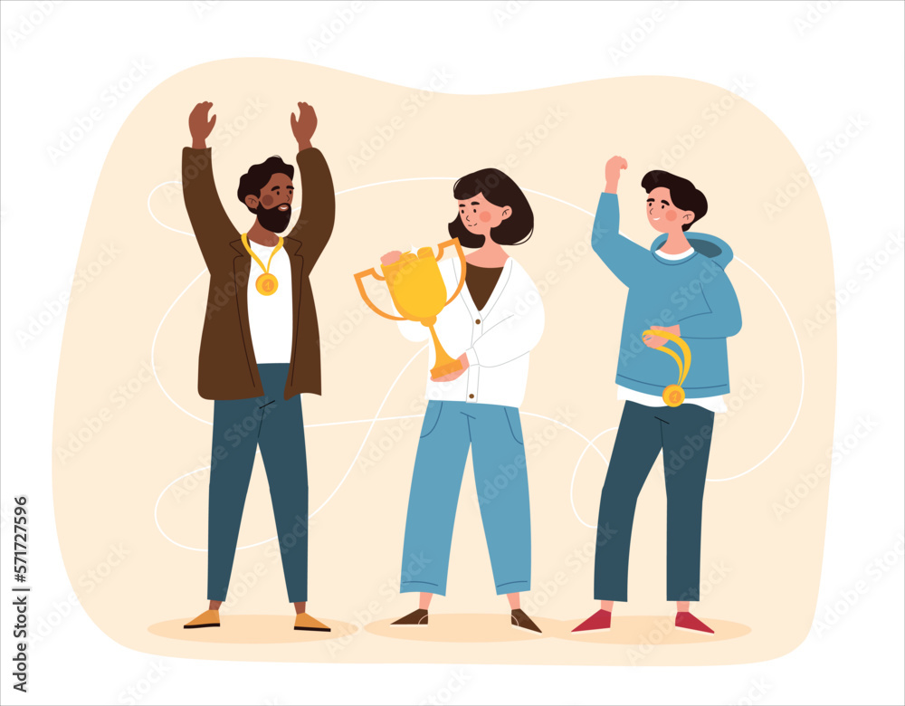 Vetor de Champion with trophy. Team of winners in competitions, best ...