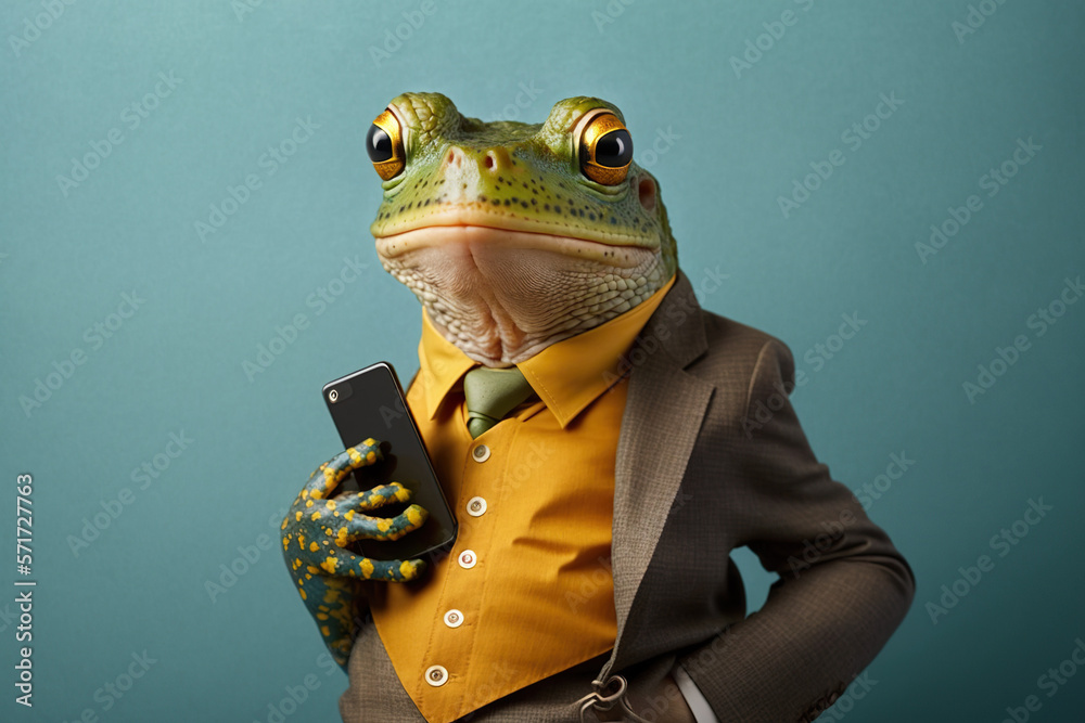 Studio photo portrait of a happy frog in business clothes holding a ...