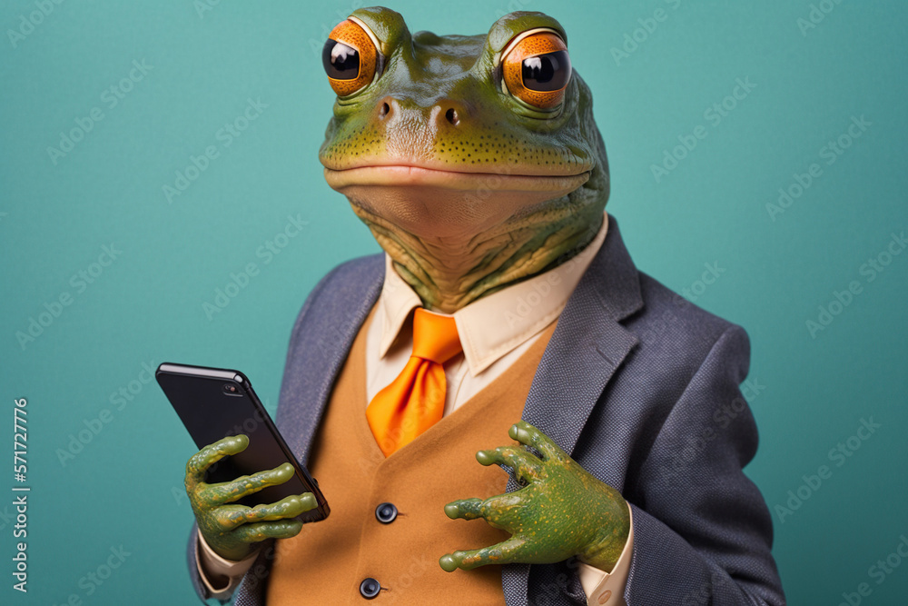 Studio photo portrait of a happy frog in business clothes holding a ...