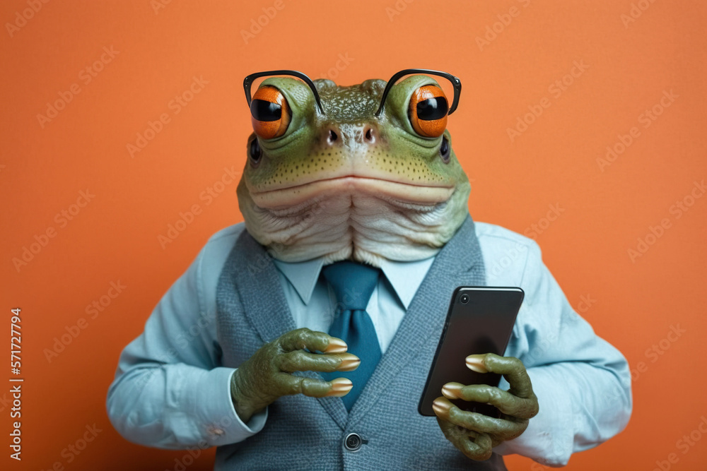 Studio photo portrait of a happy frog in business clothes holding a ...