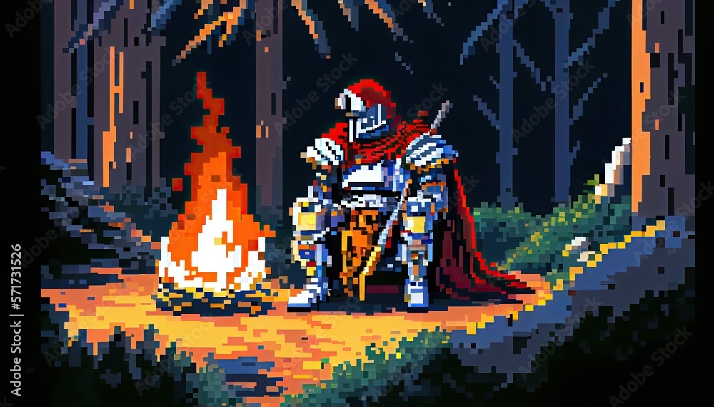 Pixel Art Knight Sitting Down by A Fire in the woods/forest, Concept ...