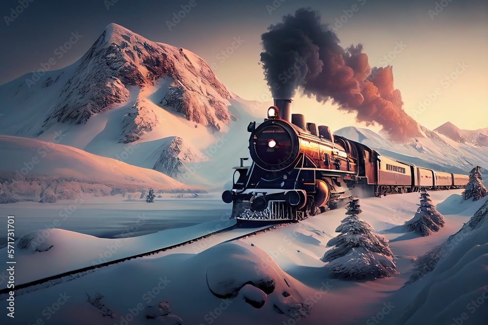 Snowy mountains with a steam locomotive train winding through the ...