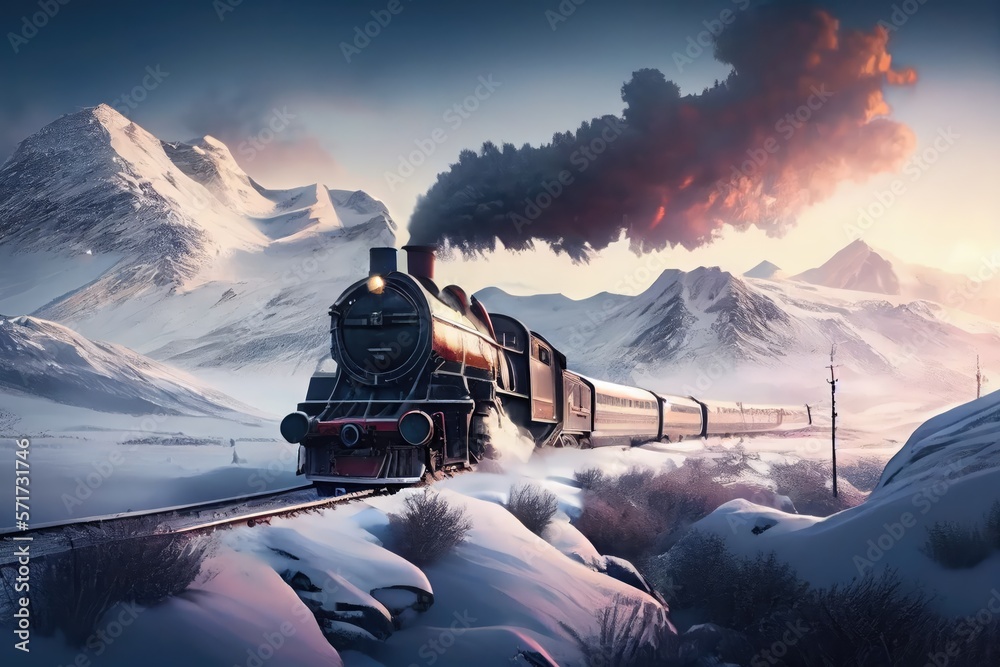 Snowy mountains with a steam locomotive train winding through the ...