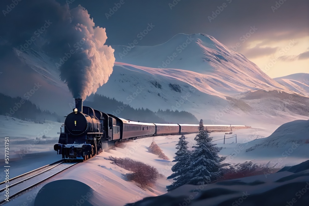Snowy mountains with a steam locomotive train winding through the ...