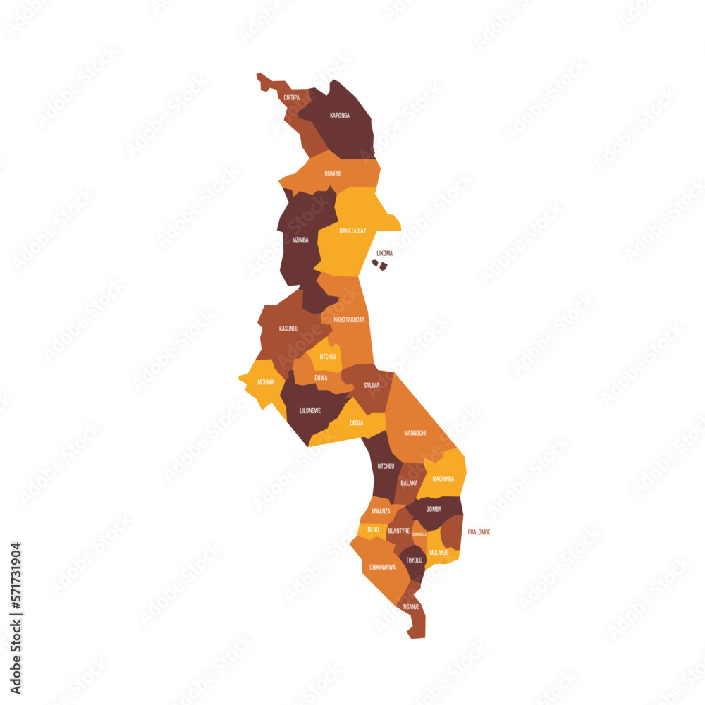 Malawi political map of administrative divisions - districts. Flat ...