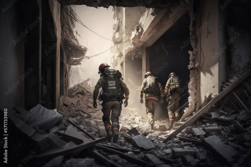 Men in protective uniforms and hardhats removing pieces of broken ...