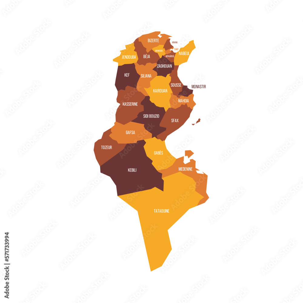 Tunisia political map of administrative divisions - governorates. Flat ...