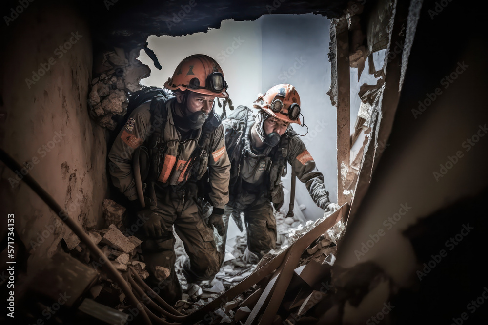 Men in protective uniforms and hardhats removing pieces of broken ...