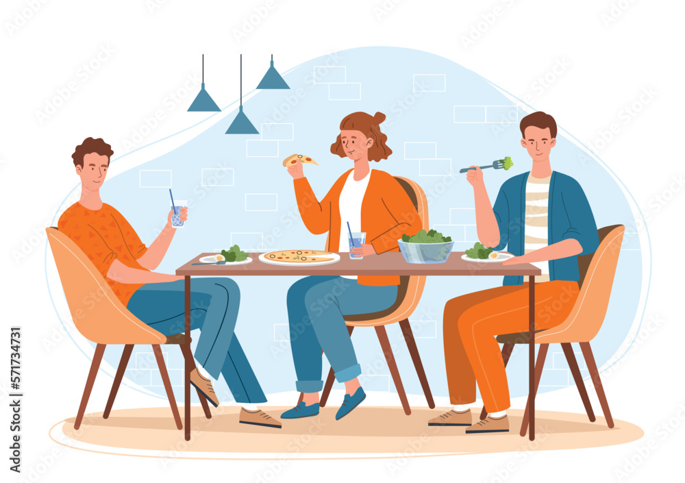 Vecteur Stock Dinner with friends. Men and woman sit at table with food ...