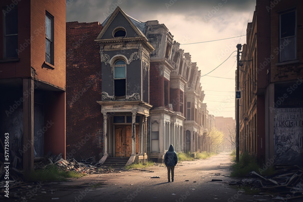 Person walking through neighborhood with boarded-up and abandoned ...