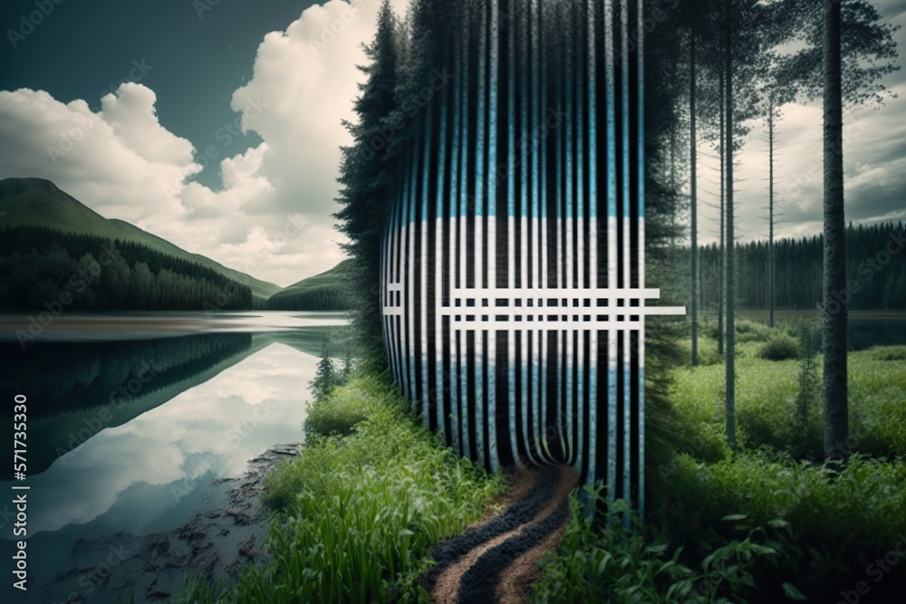 barcode invading or overtaking a natural landscape showcasing the ...