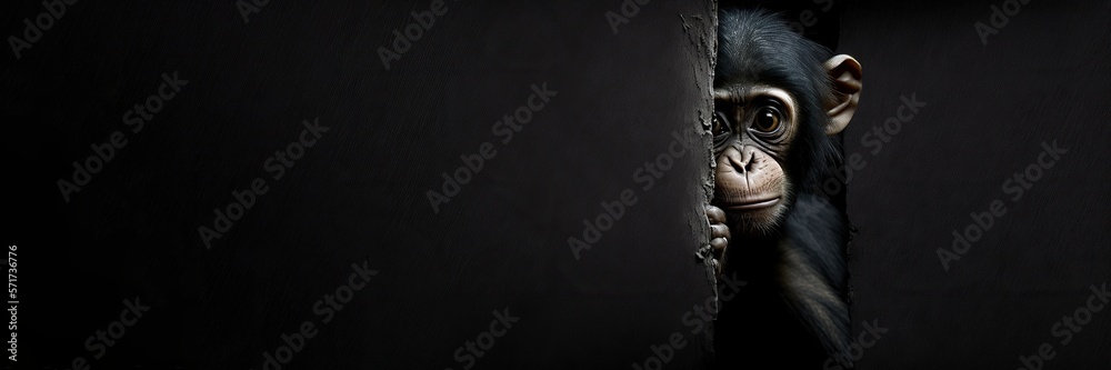 Mischievous monkey peeks around a corner with copy space on plain black ...