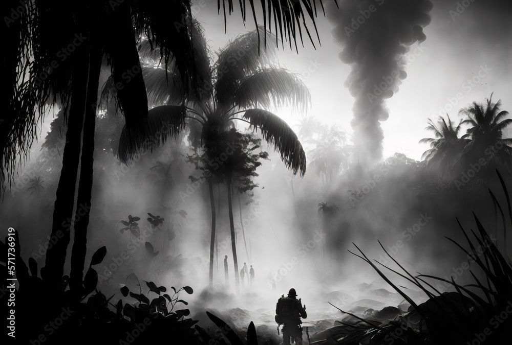 Artwork of World War Two jungle explosions. Black and white ...