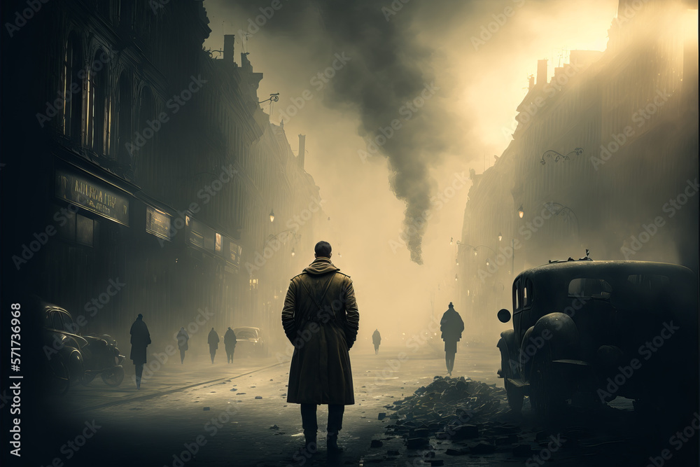 Artwork of World War 2 city streets. Misty and filled with smoke ...