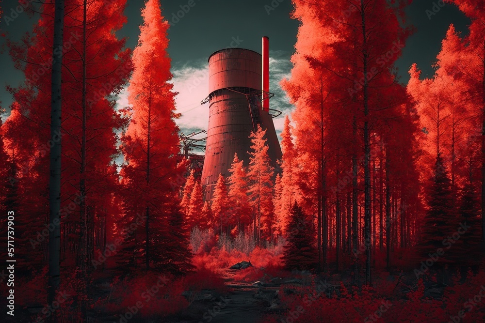 Red forest near nuclear power plant, concept of Nuclear Contamination ...