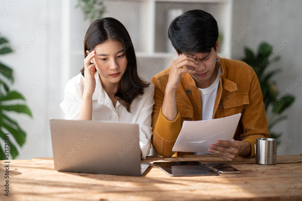 Stress, anxiety and worry with a young couple struggling with finance ...