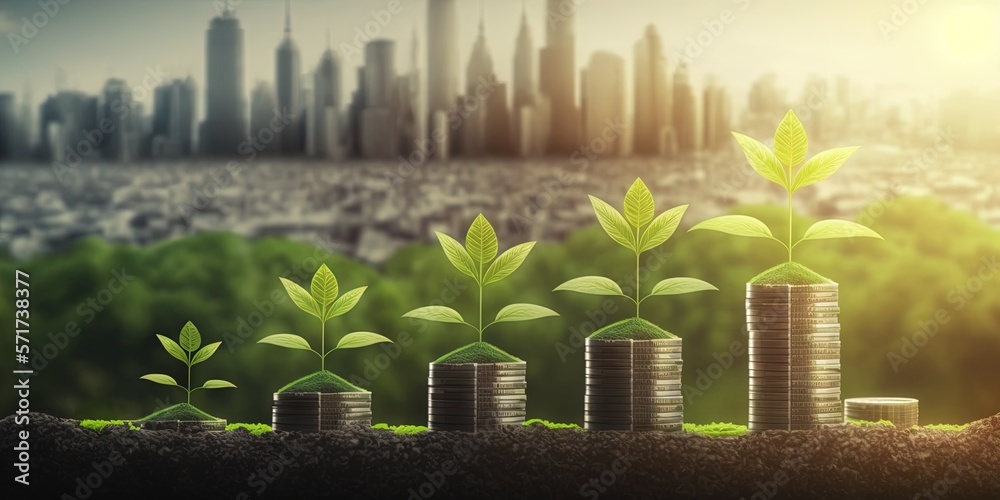 Illustration of seedlings are growing on the coins stack ladder, green ...