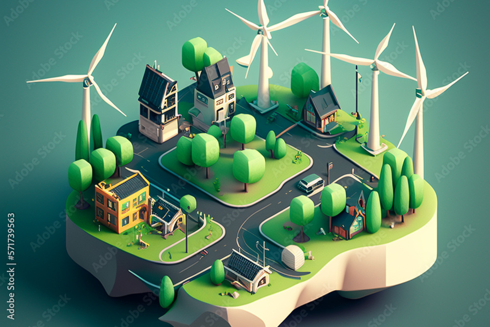 isometric image of a city with green energy, windmills, solar panels, sustainable ecology smart ...
