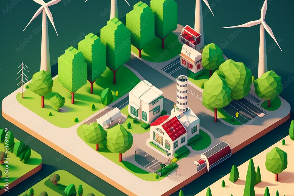 isometric image of a city with green energy, windmills, solar panels ...