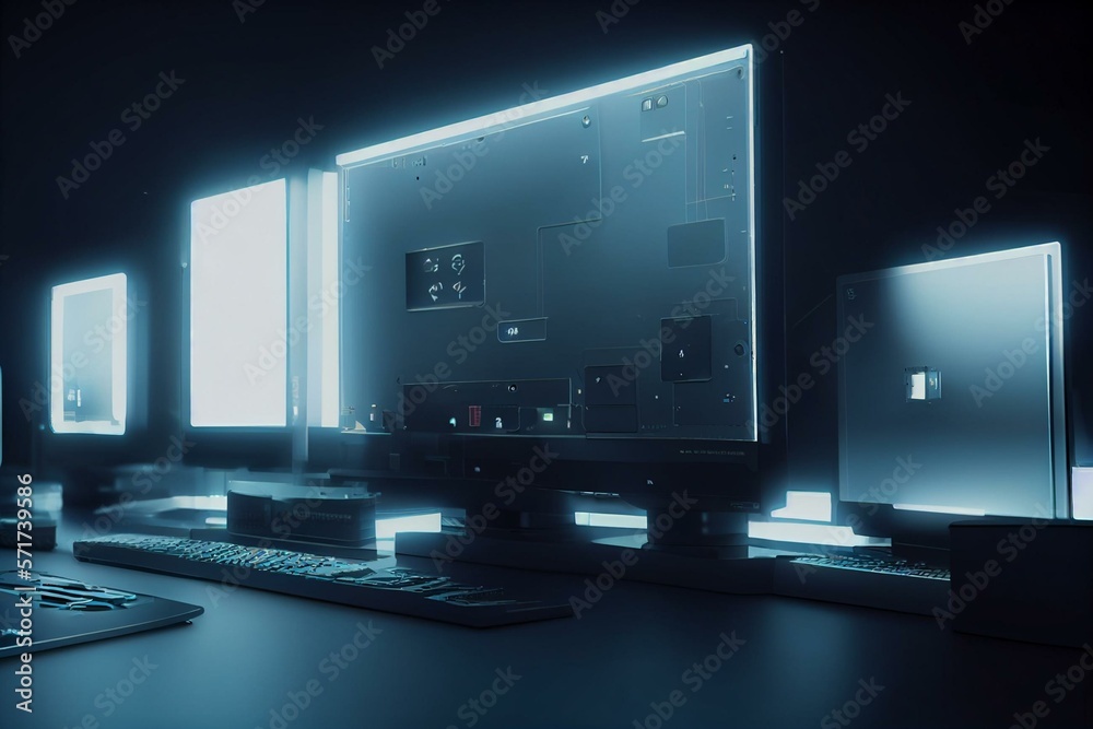 Computer hardware configuration is laid out on a dark background ...