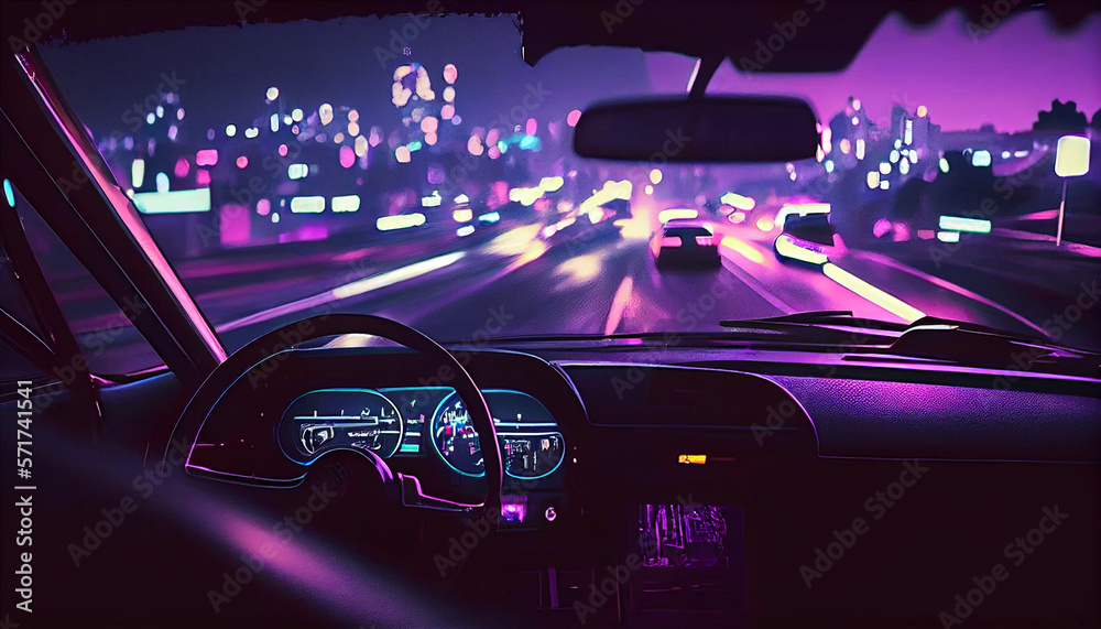 driving in the night, futuristic synth-wave car in purple neon colours ...