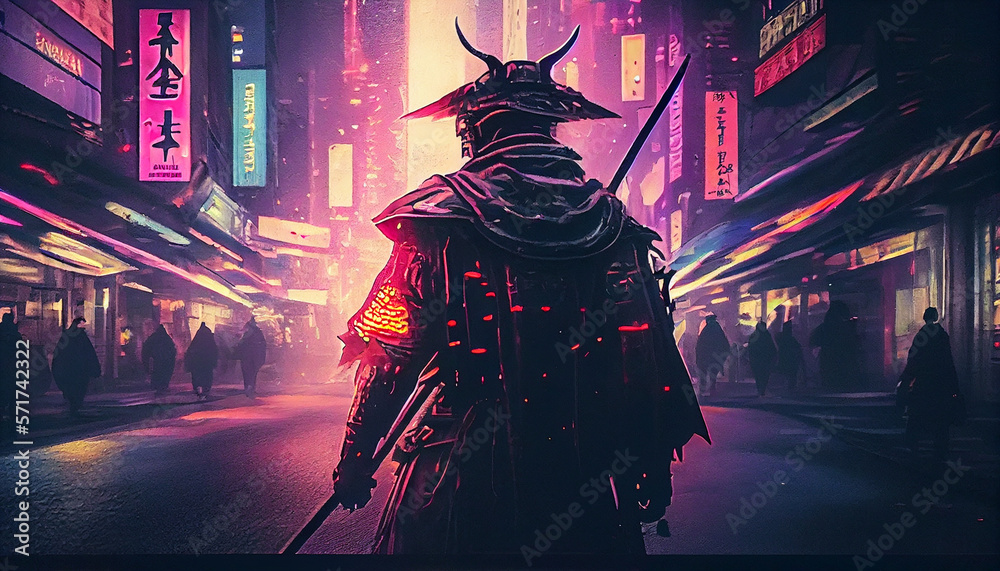 samurai warrior with a katana on the streets of a modern Japanese city ...