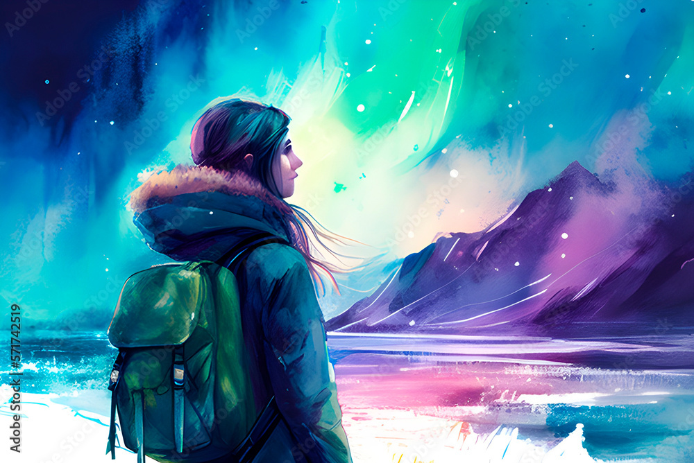 Generative AI, a girl observes an incredible view, a watercolor style ...