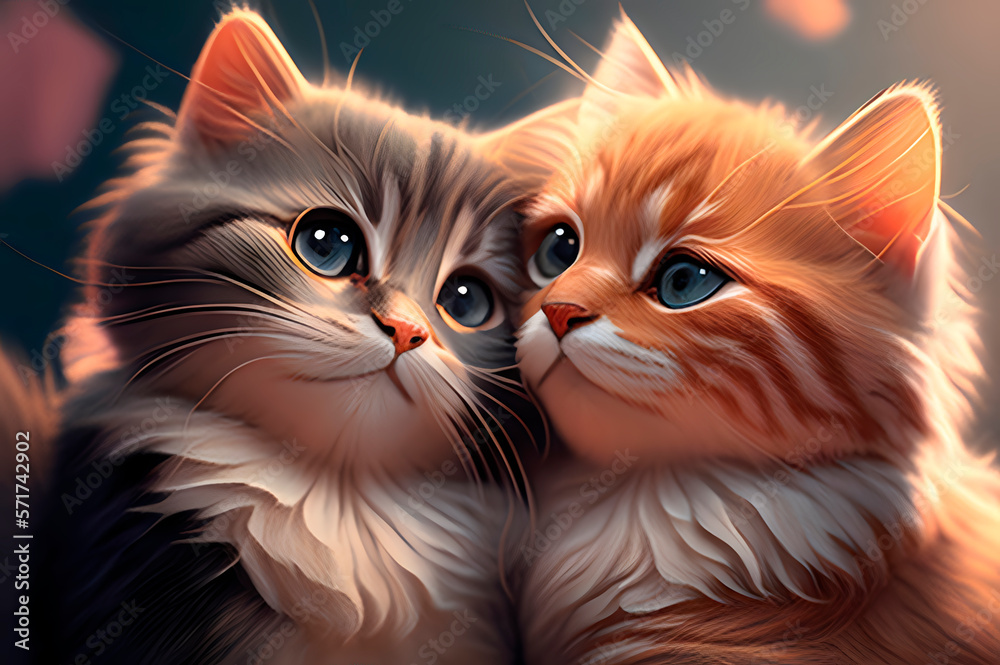 Generative AI, a portrait of a couple of cats in love, cartoon cats ...