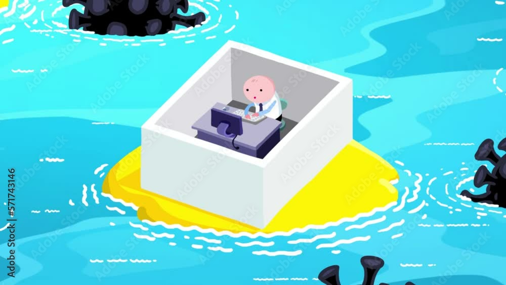Men in cubicles on desert island among sea mines. Remote work and ...