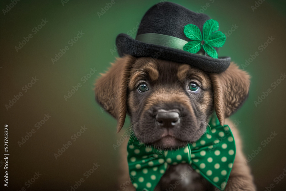 Cute Dog with Green St. Patrick's Day Hat on blurred colored background ...