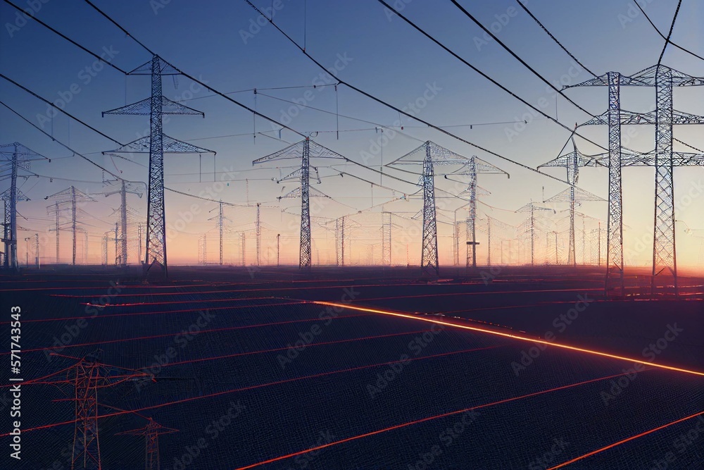High voltage substation with pylons and distribution cables ...