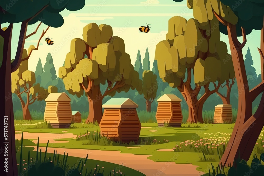 cartoon illustration, a honey bee farm with wooden hives, ai generative ...