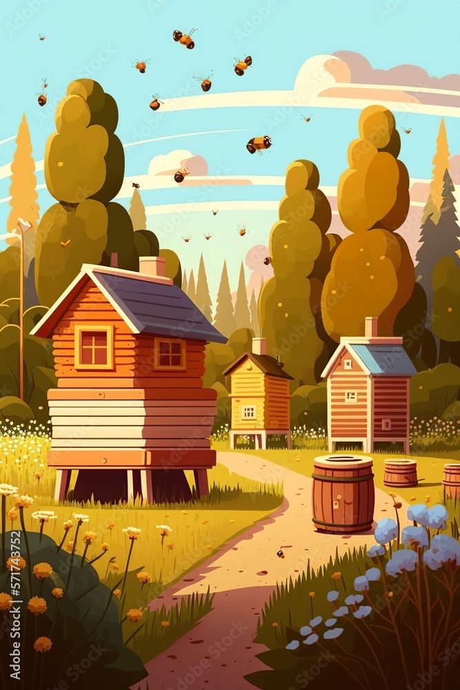 cartoon illustration, a honey bee farm with wooden hives, ai generative ...