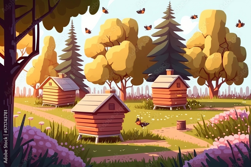 cartoon illustration, a honey bee farm with wooden hives, ai generative ...
