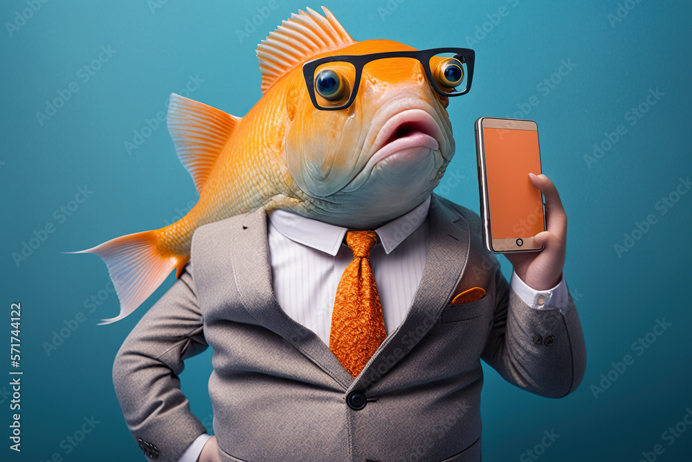 Studio photo portrait of a happy fish in business clothes standing with ...