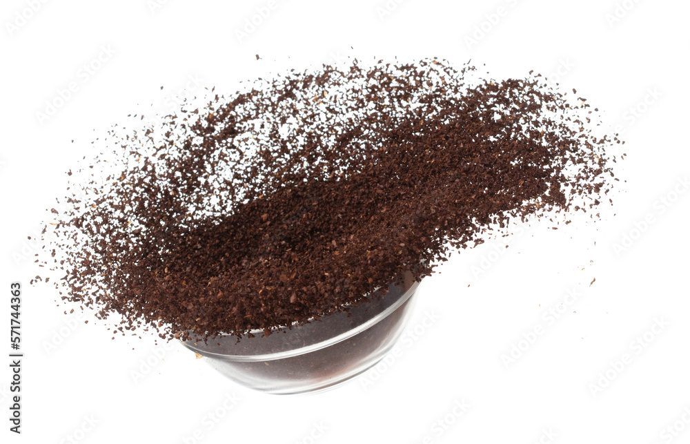 Coffee powder fall down pour in glass bowl, Coffee crushed float ...