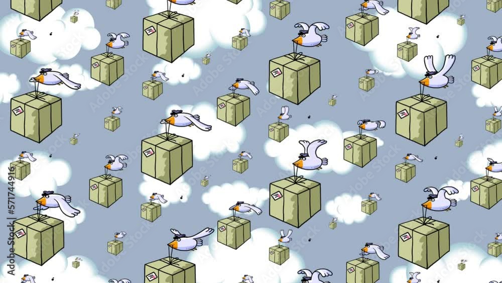 Cartoon carrier pigeon of different size with big pack on clouds ...